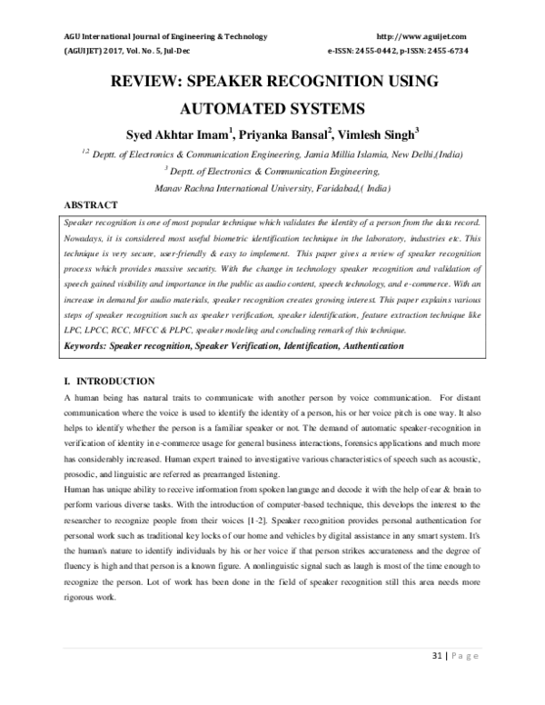 Pdf Review Speaker Recognition Using Automated Systems