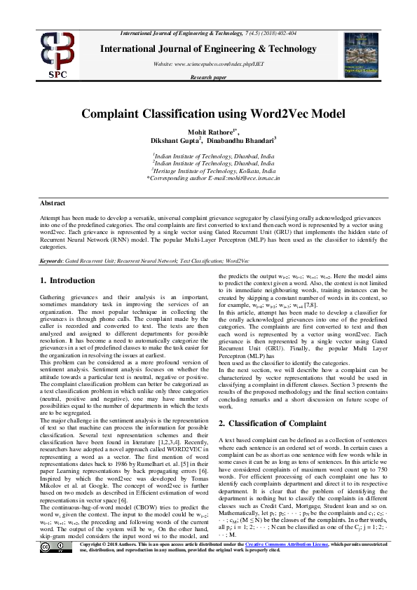 Pdf Complaint Classification Using Word2vec Model