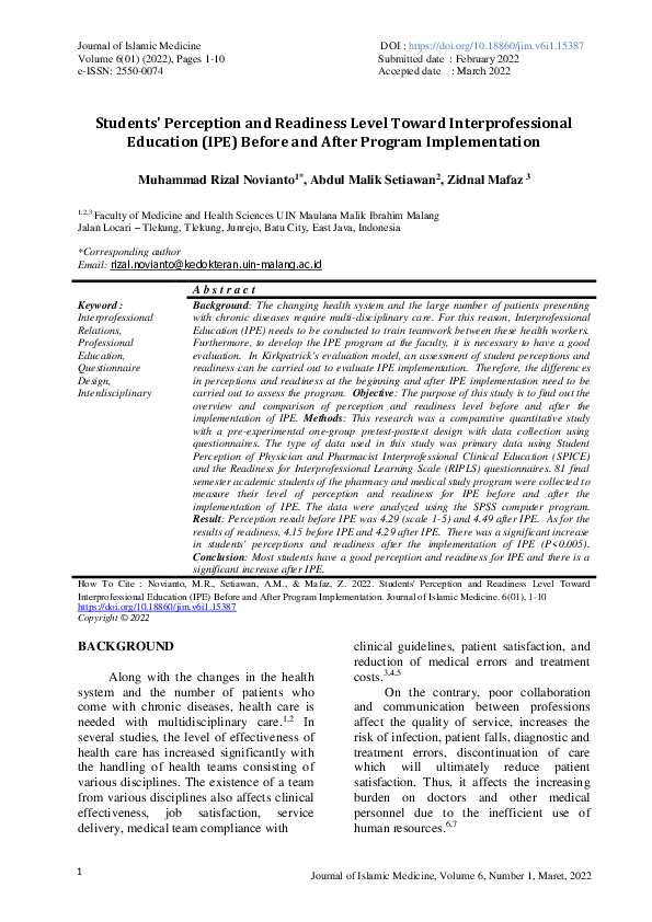 (PDF) Students' Perception and Readiness Level Toward Interprofessional Education (IPE) Before ...