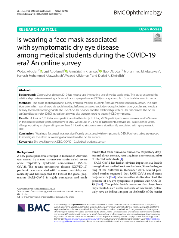 (PDF) Is wearing a face mask associated with symptomatic dry eye ...