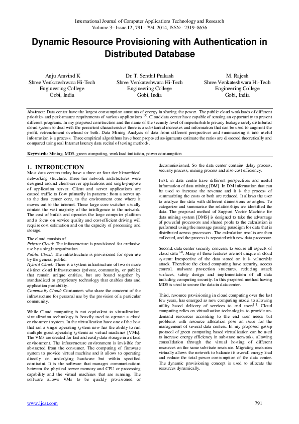 Pdf Dynamic Resource Provisioning With Authentication In Distributed