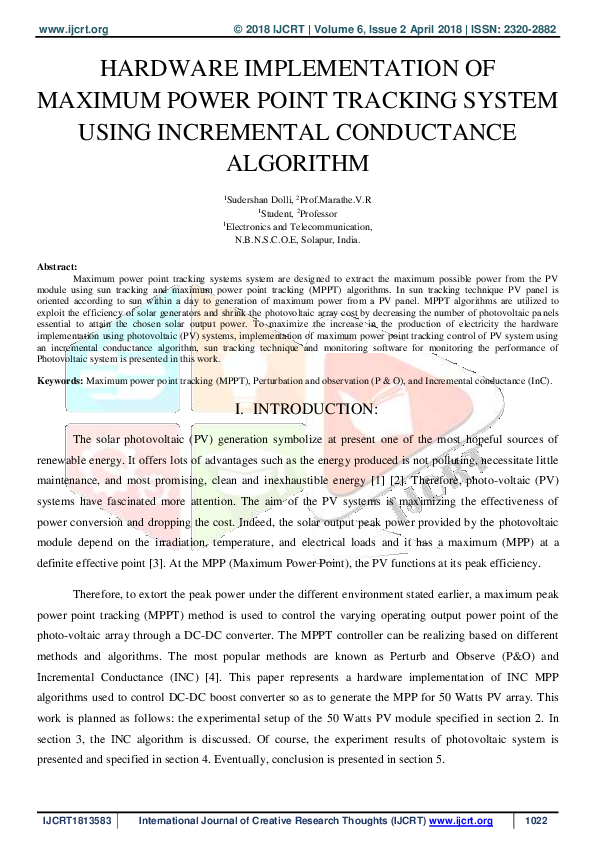(PDF) Hardware Implementation of Maximum Power Point Tracking System Using Incremental ...