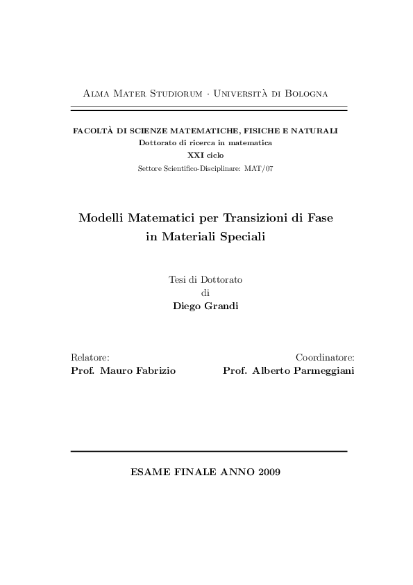 (PDF) Modelli Matematici per Transizioni di Fase in Materiali Speciali