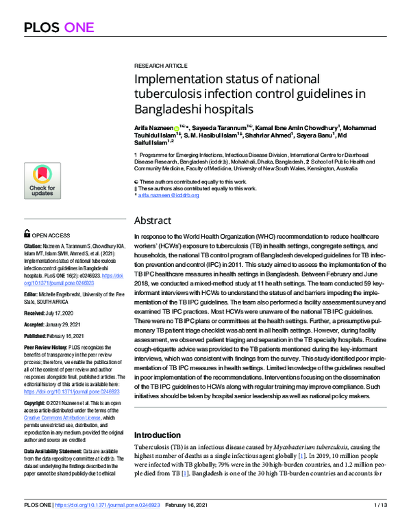 (PDF) Implementation status of national tuberculosis infection control guidelines in Bangladeshi ...
