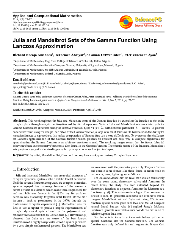 Pdf Julia And Mandelbrot Sets Of The Gamma Function Using Lanczos Approximation 0336