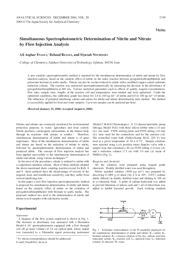 Pdf Simultaneous Spectrophotometric Determination Of Nitrite And Nitrate By Flow Injection