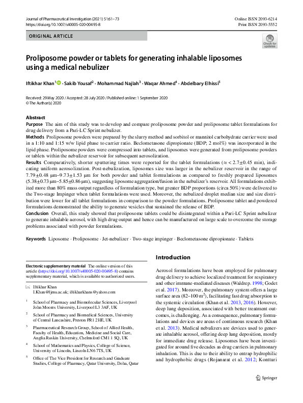 (PDF) Proliposome powder or tablets for generating inhalable liposomes ...