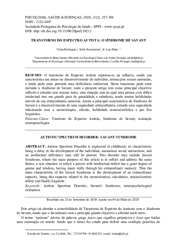 (PDF) Autistic Spectrum Disorder: Savant Syndrome