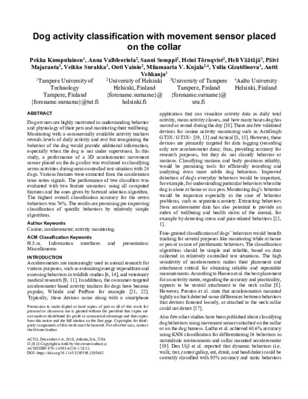 (PDF) Dog activity classification with movement sensor placed on the collar