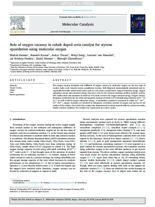 (PDF) Oxygen Vacancy Role in Cobalt-Doped Ceria for Styrene Epoxidation