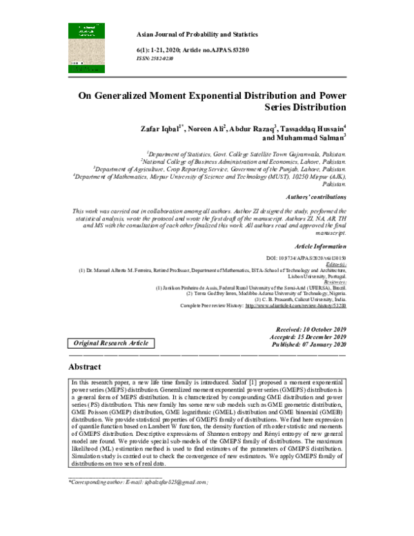 (PDF) On Generalized Moment Exponential Distribution and Power Series ...