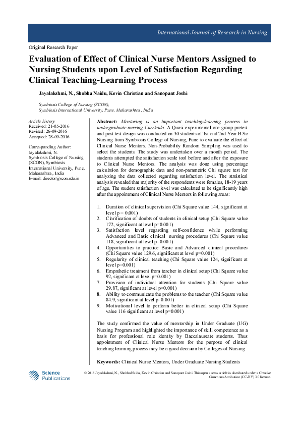(PDF) Evaluation of the Effect of Clinical Nurse Mentors Assigned to Nursing Students upon Level ...