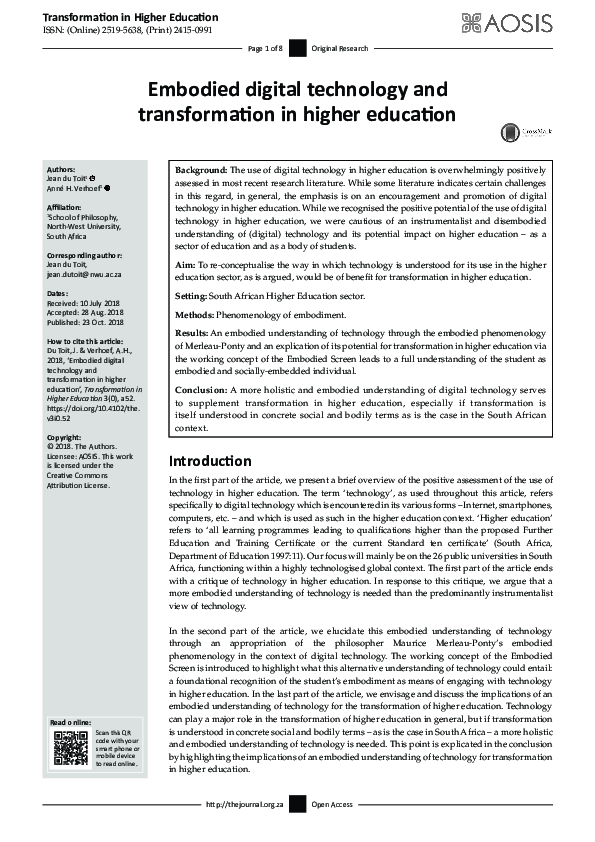 (PDF) Embodied digital technology and transformation in higher education