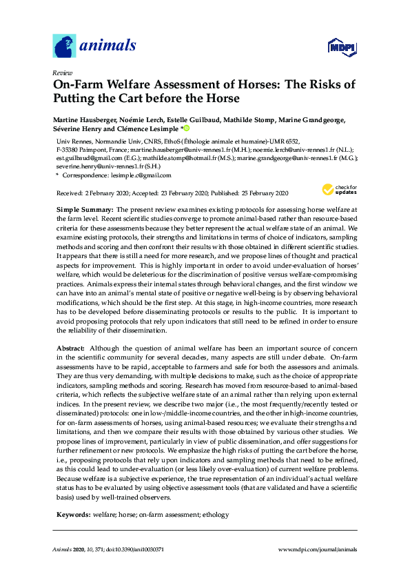 (PDF) On-Farm Welfare Assessment of Horses: The Risks of Putting the ...