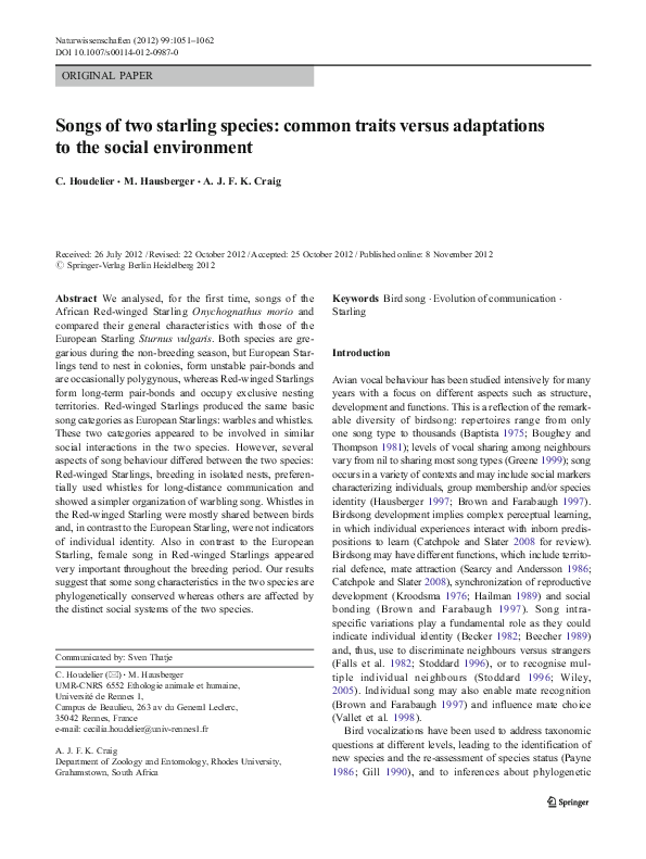 (PDF) Songs of two starling species: common traits versus adaptations ...