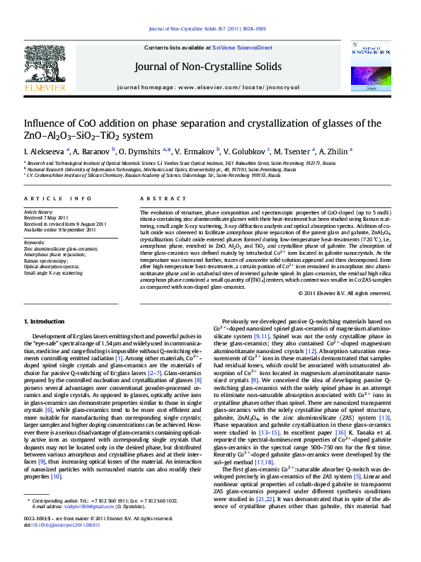 (PDF) Influence of CoO addition on phase separation and crystallization of glasses of the ZnO ...
