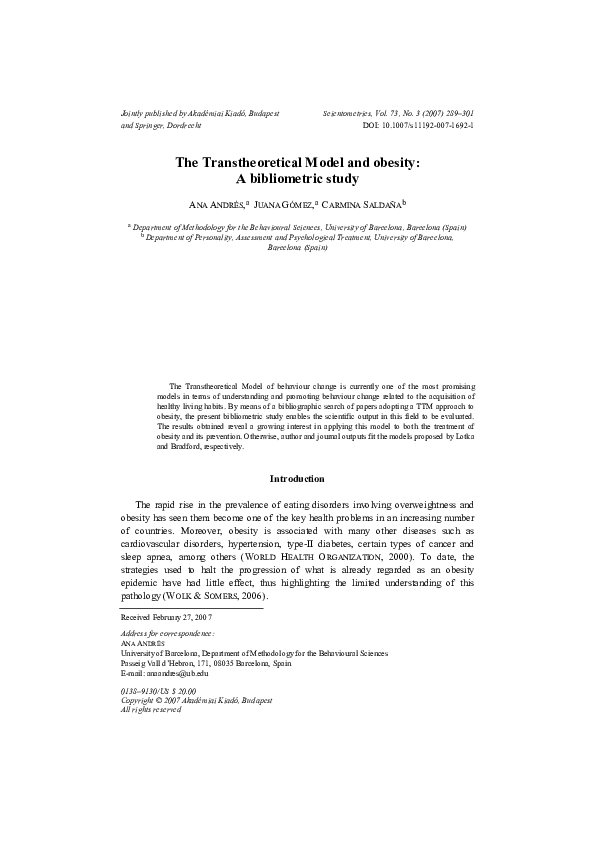 (PDF) The Transtheoretical Model and obesity: A bibliometric study