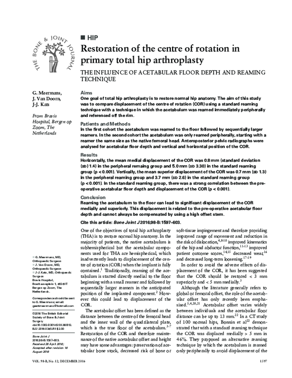 (PDF) Restoration of the centre of rotation in primary total hip ...