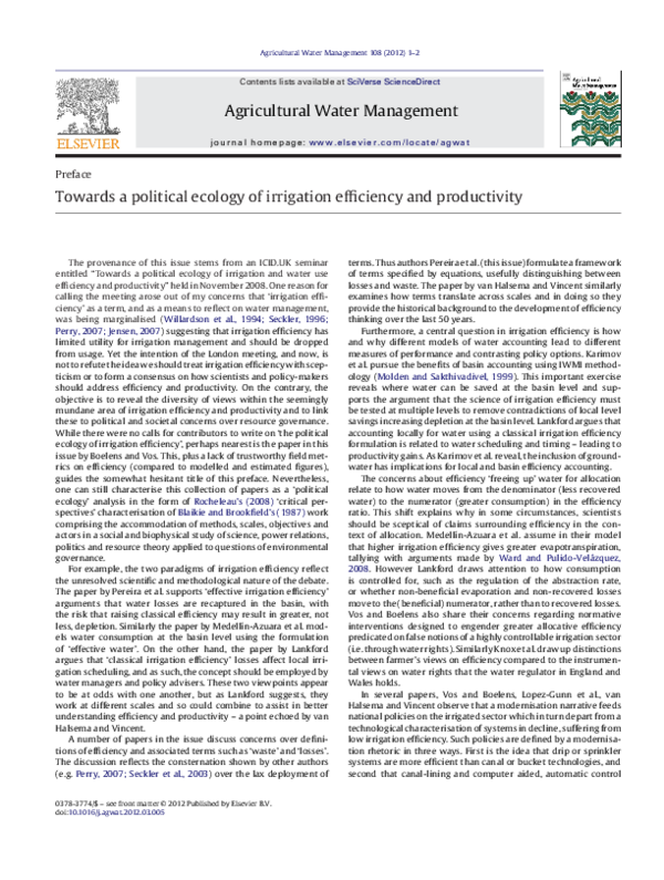 (PDF) Towards a political ecology of irrigation efficiency and productivity