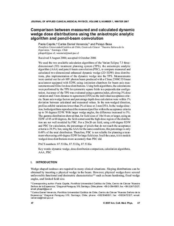 Pdf Comparison Between Measured And Calculated Dynamic Wedge Dose Distributions Using The