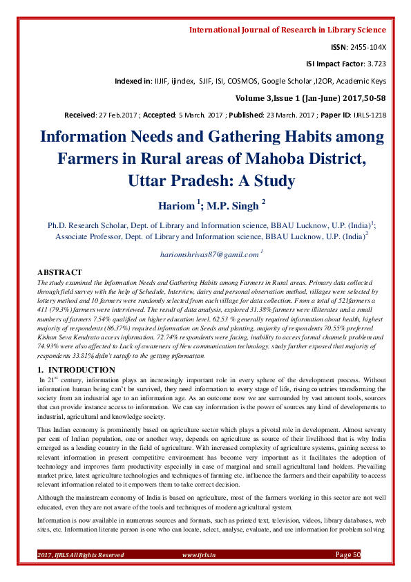 (PDF) Information Needs and Gathering Habits among Farmers in Rural ...