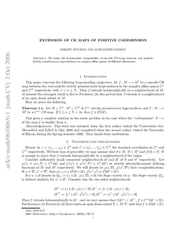 (PDF) Extension of CR maps of positive codimension