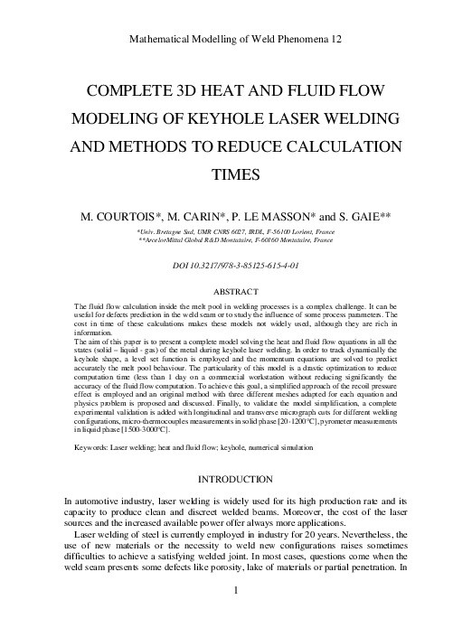 (PDF) Complete 3D heat and fluid flow modeling of keyhole laser welding ...
