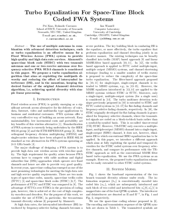 (PDF) Turbo Equalization For Space-Time Block Coded FWA Systems | Pei Xiao - Academia.edu