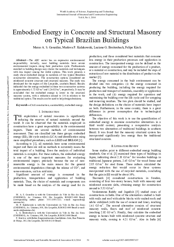 (PDF) Embodied Energy In Concrete And Structural Masonry On Typical ...