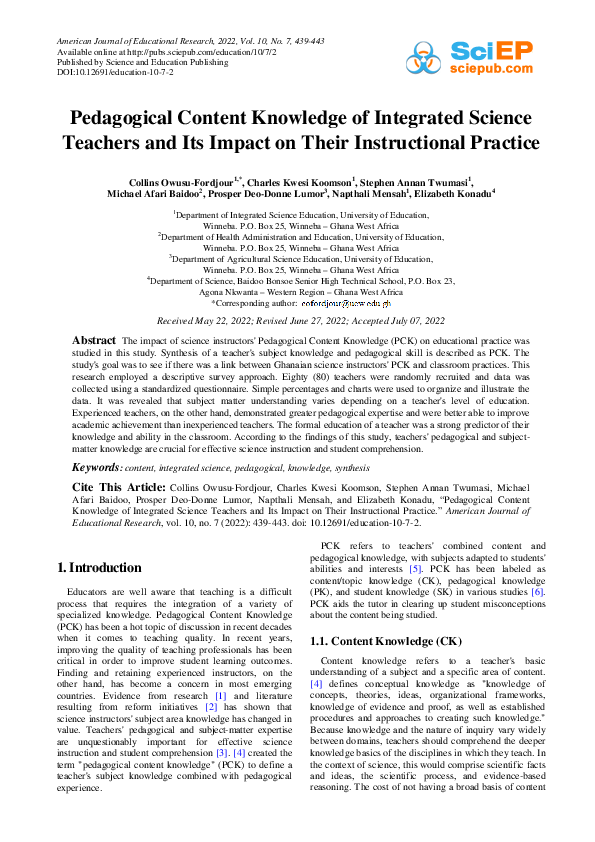 (PDF) PEDAGOGICAL CONTENT KNOWLEDGE OF INTEGRATED SCIENCE TEACHERS AND ITS IMPACT ON THEIR ...