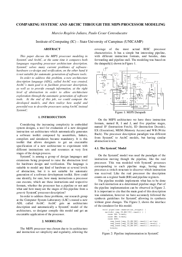 (PDF) Comparing Systemc and Archc Through the Mips Processor Modeling