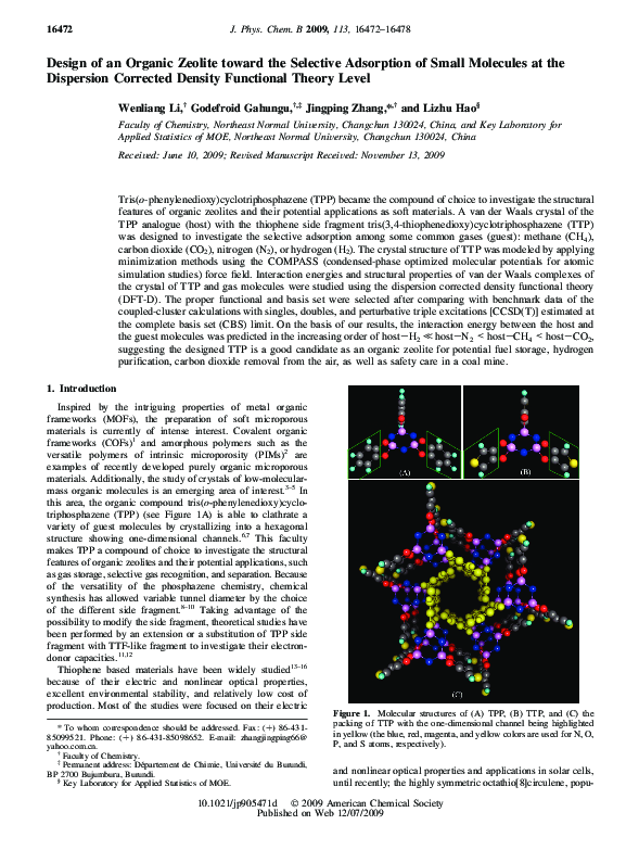 (PDF) Design of an Organic Zeolite toward the Selective Adsorption of Small Molecules at the ...