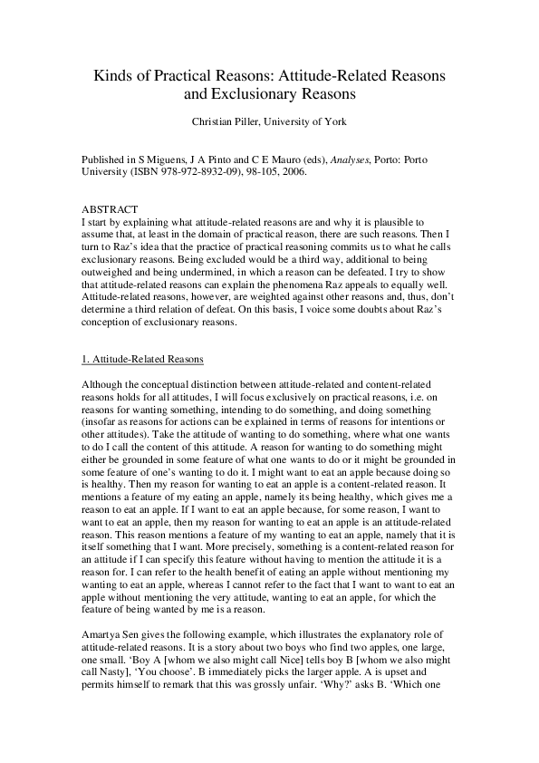 (PDF) Kinds of Practical Reasons: Attitude-Related Reasons and Exclusionary Reasons