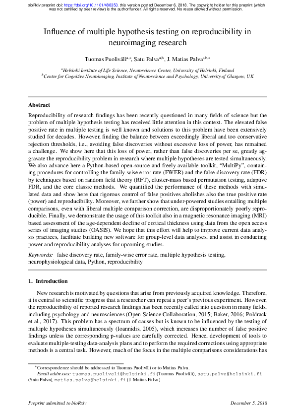 (PDF) Influence of multiple hypothesis testing on reproducibility in ...