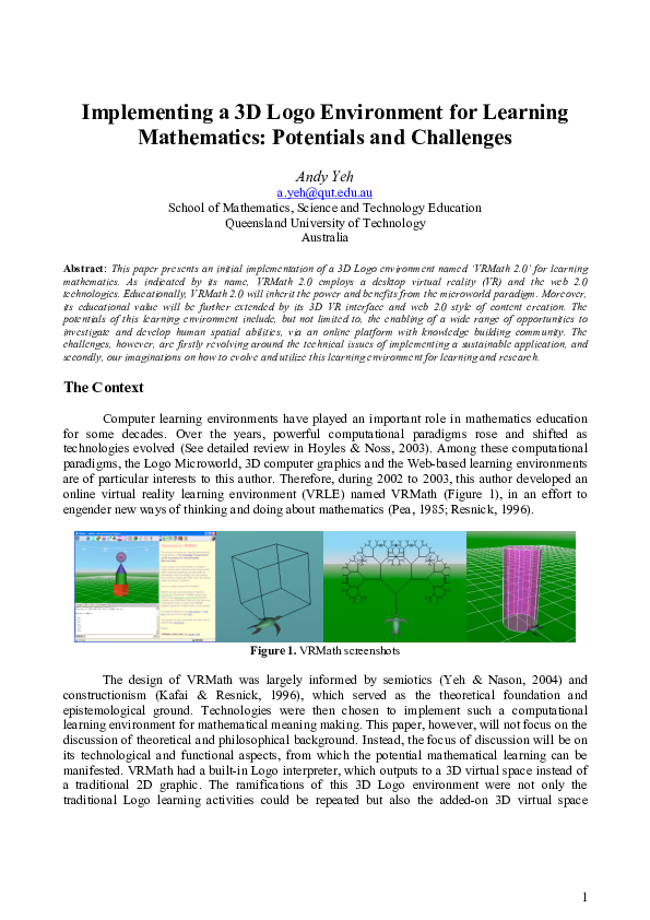 (PDF) Implementing a 3 D Logo Environment for Learning Mathematics : Potentials and Challenges