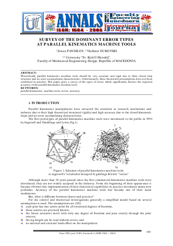 (PDF) Survey of the Dominant Error Types at Parallel Kinematics Machine Tools