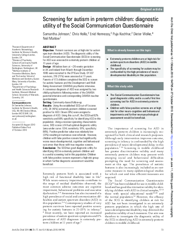 (PDF) Screening for autism in preterm children: diagnostic utility of ...