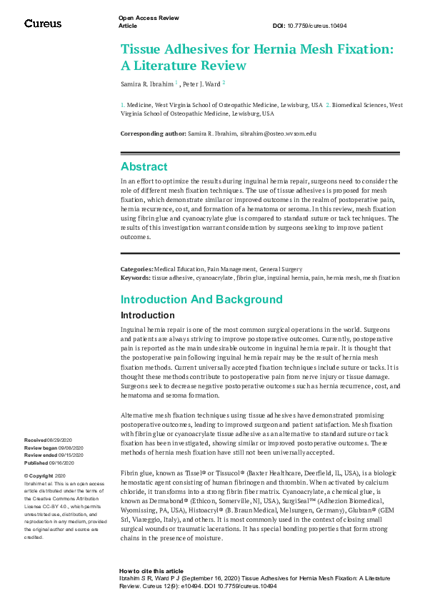 (PDF) Tissue Adhesives for Hernia Mesh Fixation: A Literature Review