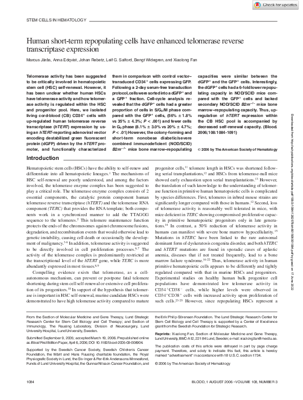 (PDF) Human short-term repopulating cells have enhanced telomerase ...
