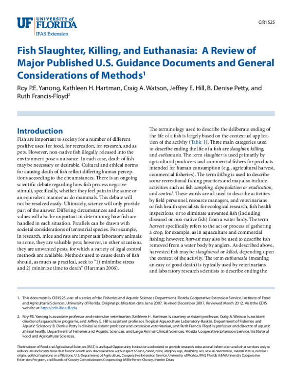 (PDF) Fish Slaughter, Killing, and Euthanasia: A Review of Major ...