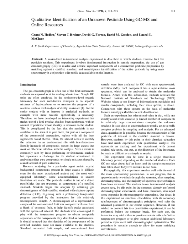 (PDF) Qualitative Identification of an Unknown Pesticide Using GC-MS ...