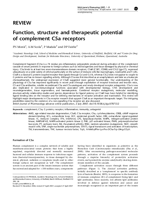 (PDF) Function, structure and therapeutic potential of complement C5a ...