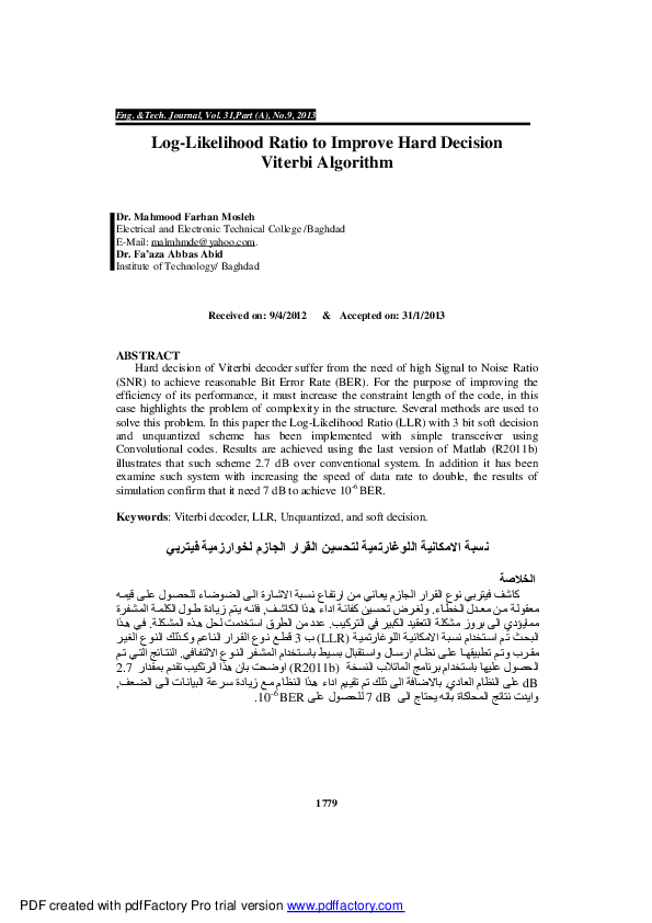 Pdf Log Likelihood Ratio To Improve Hard Decision Viterbi Algorithm Dr Mahmood Farhan