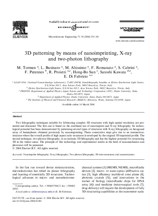 (PDF) 3D patterning by means of nanoimprinting, X-ray and two-photon lithography