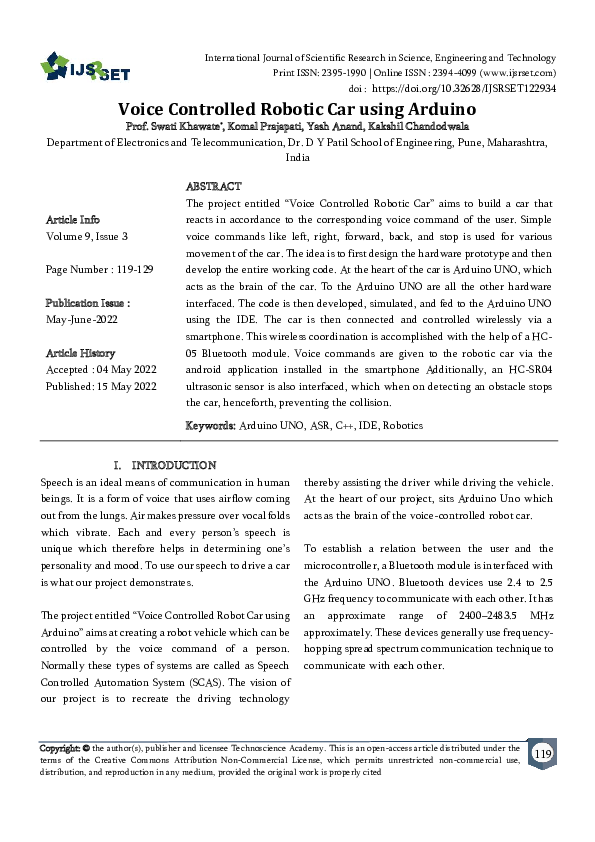 (PDF) Voice Controlled Robotic Car using Arduino