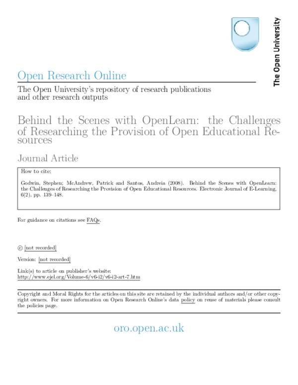 (PDF) Behind the Scenes with OpenLearn: the Challenges of Researching the Provision of Open ...