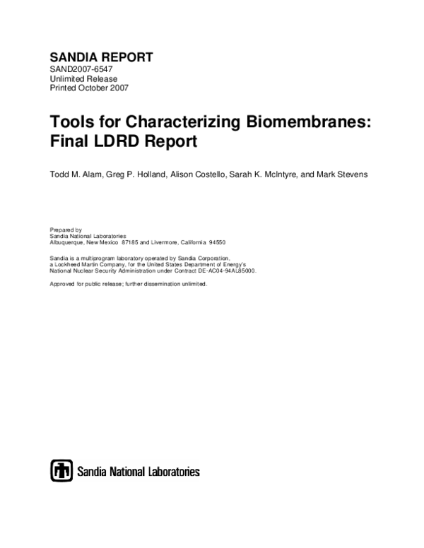 (PDF) Tools for characterizing biomembranes : final LDRD report | Gregory Holland - Academia.edu