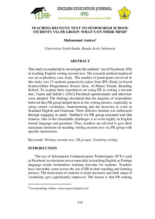 (PDF) Writing Recount Text to Senior High School Students via FB Group: What’s on their mind?