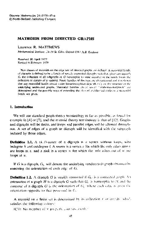 (PDF) Matroids from directed graphs | Laurence Matthews - Academia.edu