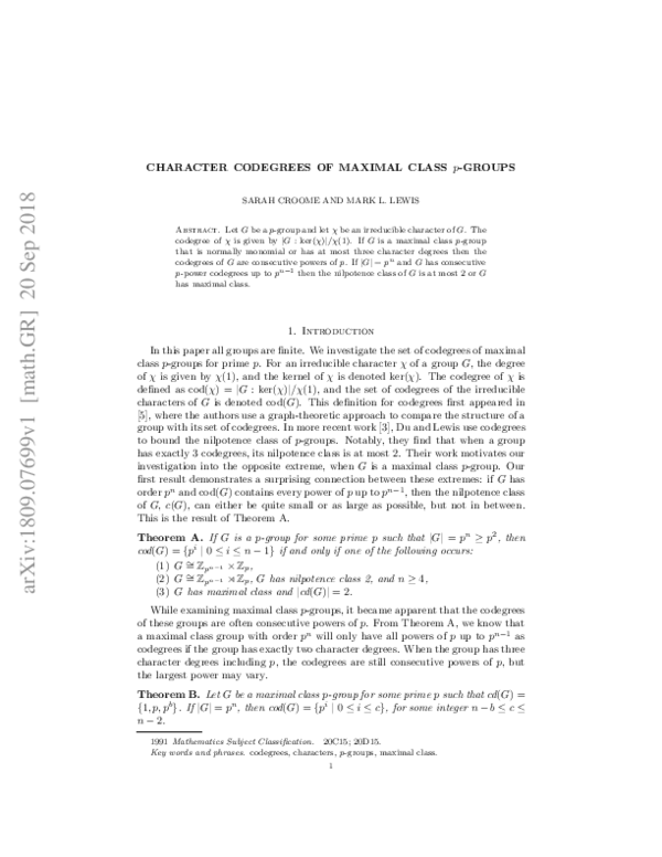 (PDF) Character codegrees of maximal class p-groups